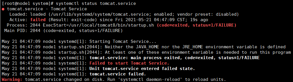 Job for tomcat.service failed because the control process exited with error code. See “systemctl ...