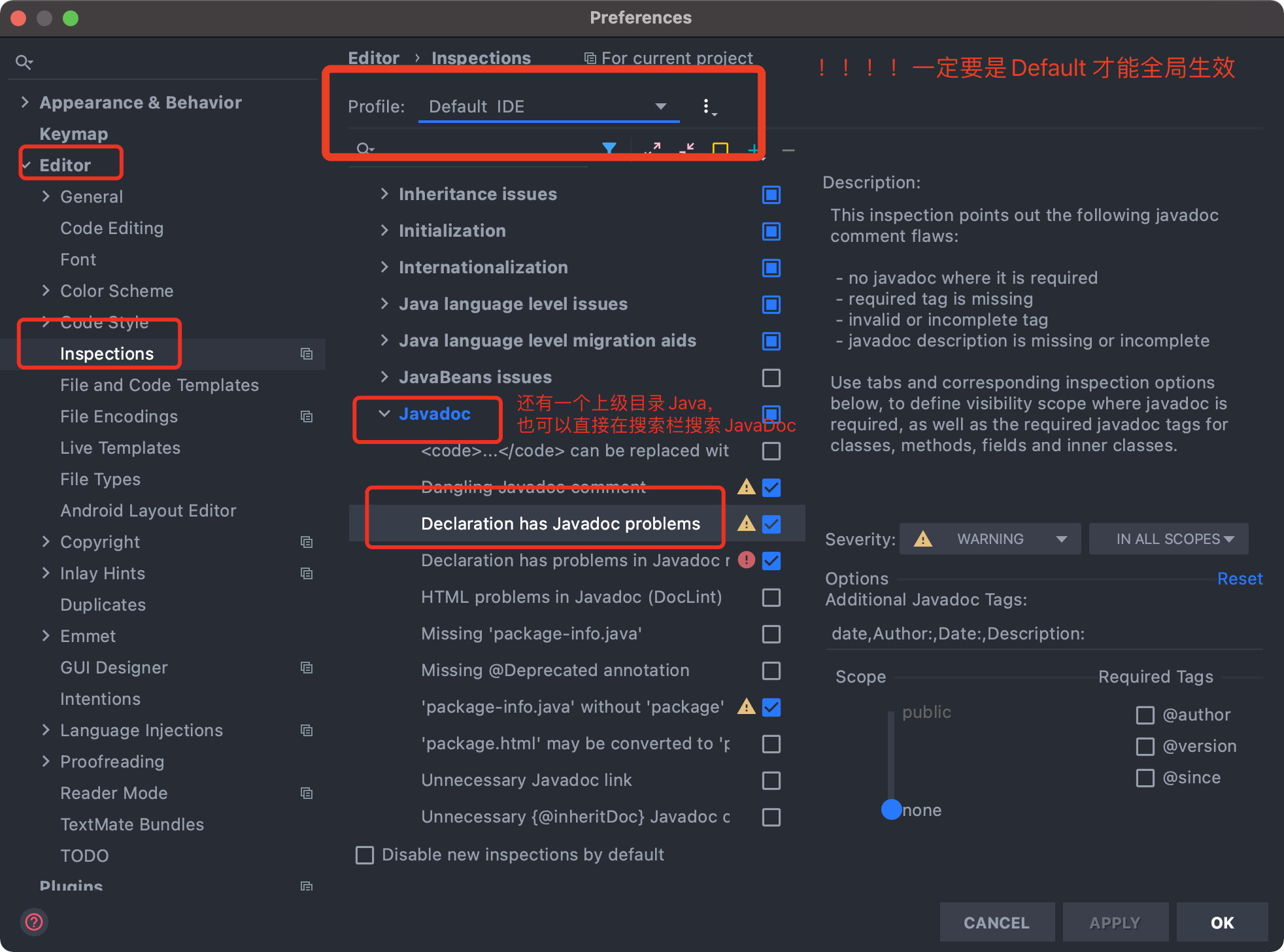 IDEA 一劳永逸的解决 Wrong tag ‘Author:‘ Wrong tag ‘Date:‘ Wrong tag ‘Description:‘ 警告信息_wrong tag 'date ...