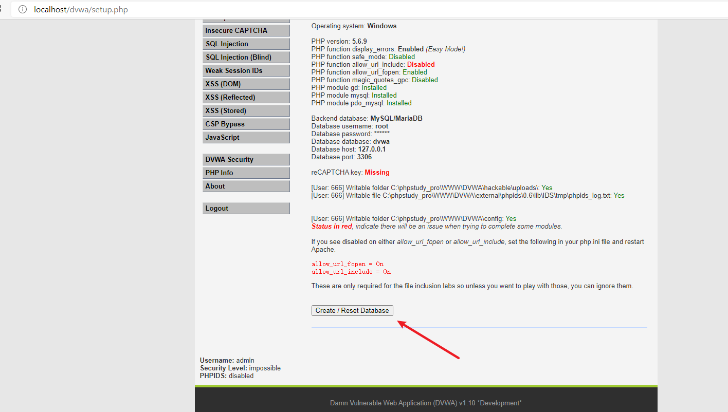 Windows10环境搭建DVWA及遇到的坑解决办法_dvwa搭建打开dvwapage文件失败-CSDN博客