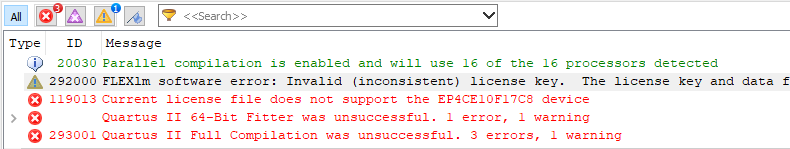 【FPGA】QuartusII13.0全编译Error (119013): Current license file does not support the EP4CE10F17C8 ...