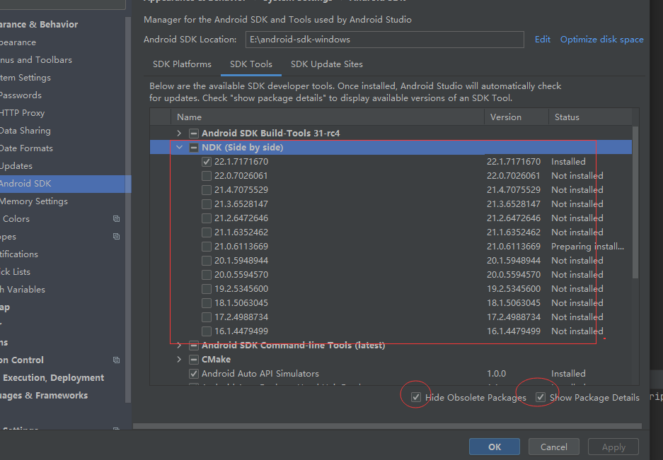 No version of NDK matched the requested version 21.0.6113669. Versions available locally: 22.1. ...