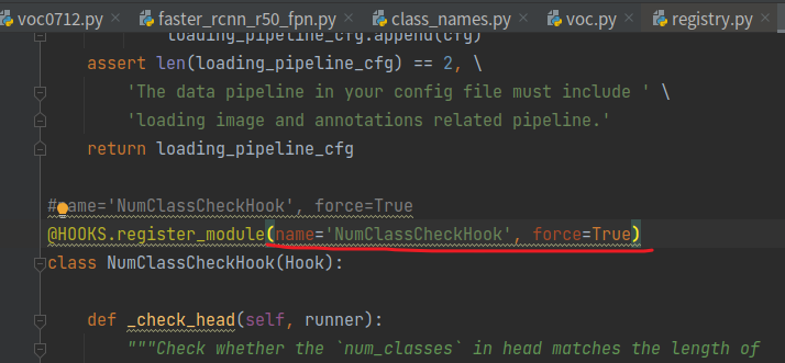 mmdetection 运行voc.py时报错KeyError: ‘NumClassCheckHook is already registered in hook‘_keyerror ...