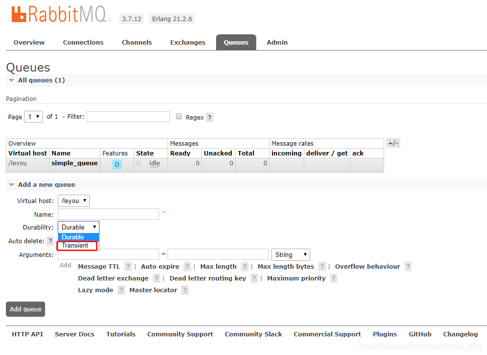 Rabbitmq Abnormal 'DURABLE' for Queue 'Simple_Queue' in vhost '/ xxxx': Received 'False' But ...