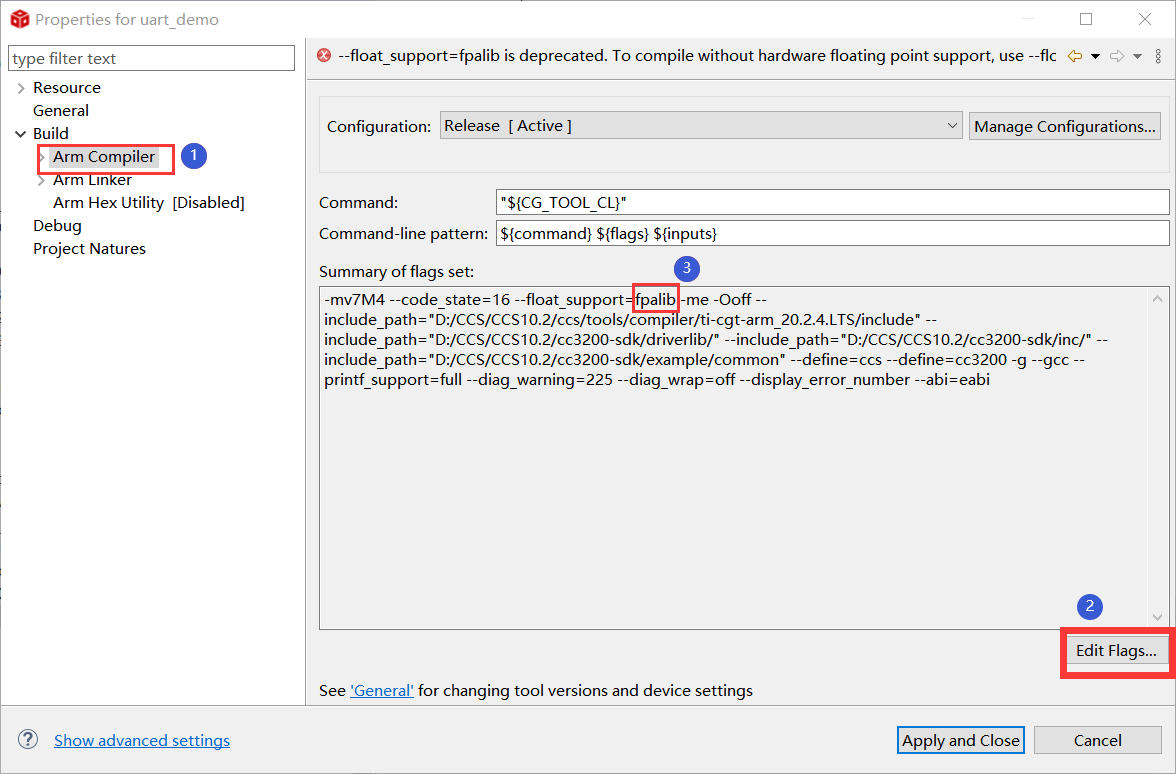 导入TI cc3200-sdk 的工程出错：Description Resource Path Location Type --float_support=fpalib is depreca的 ...