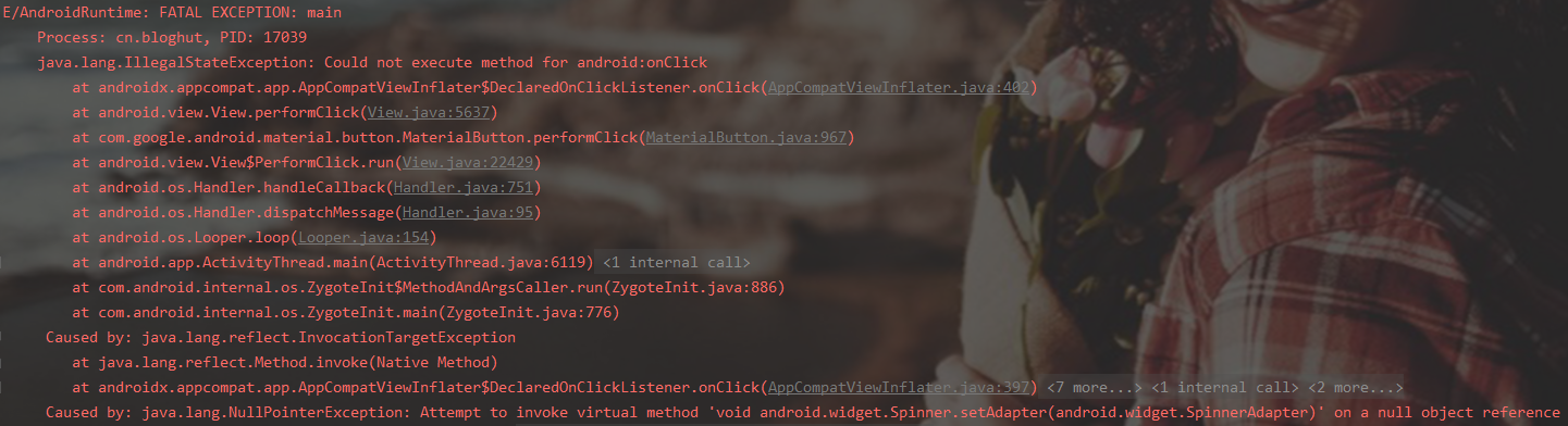method ‘void android.widget.Spinner.setAdapter(android.widget.SpinnerAdapter)‘ on a null object ...