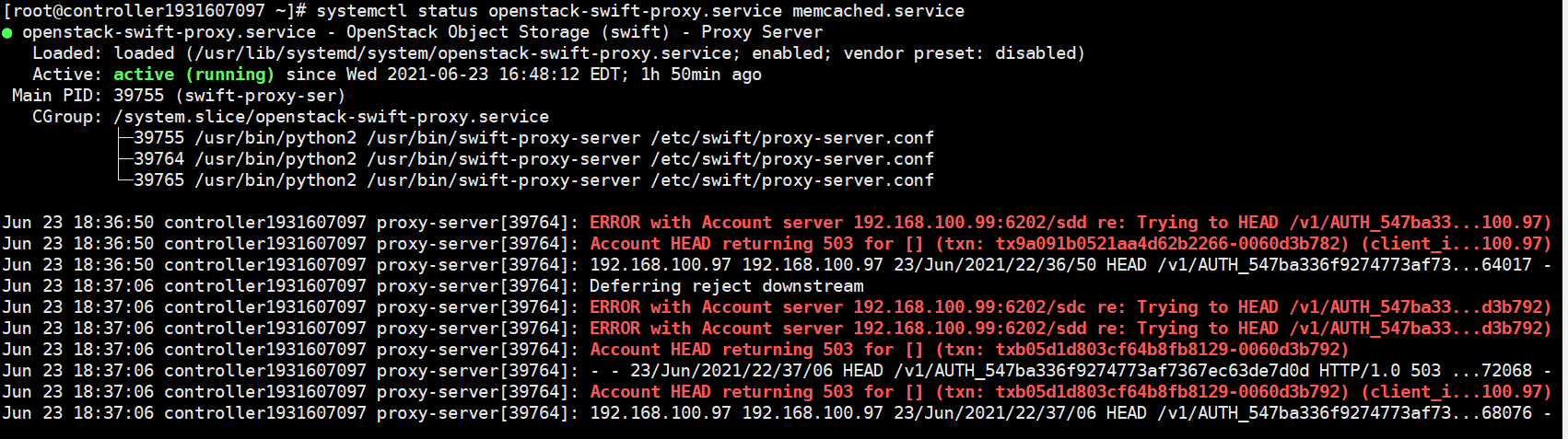 swift stat启动失败503错误 Account HEAD failed: http://controller:8080/v1/AUTH 503 Service Unavailable ...