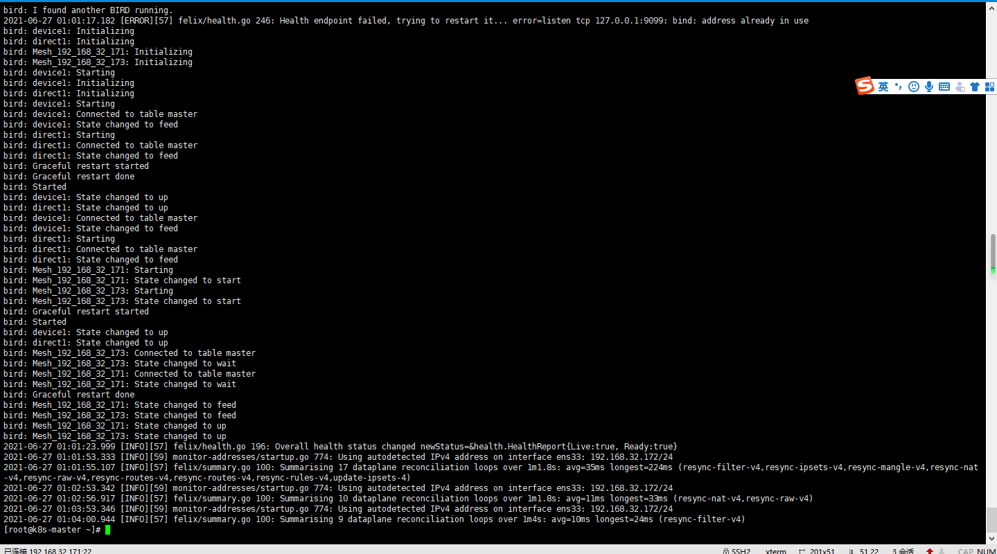 2021-06-26 calico-node-xxx pod 状态反复CrashLoopBackOff_felix/health.go 360: health endpoint failed ...