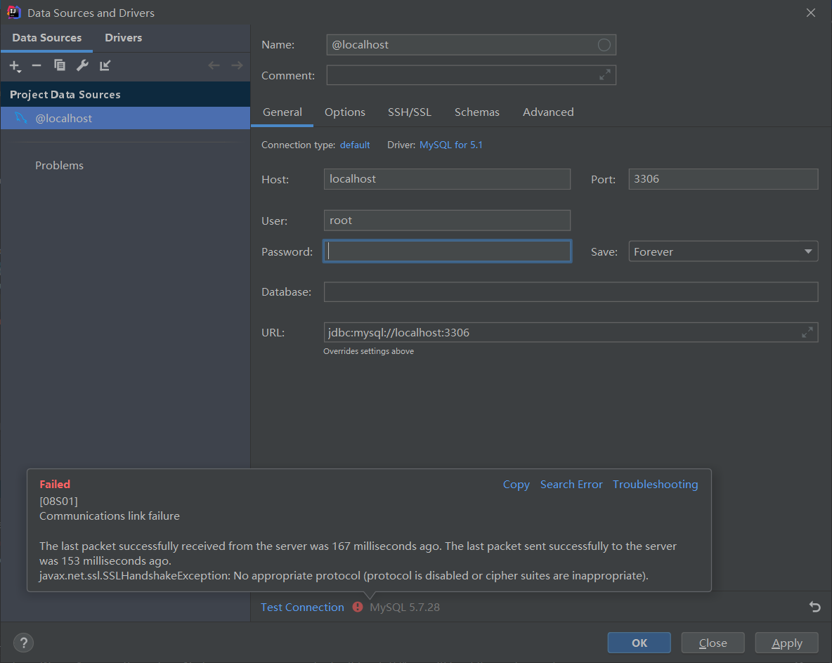 [08S01] Communications link failure The last packet successfully received from the server was ...