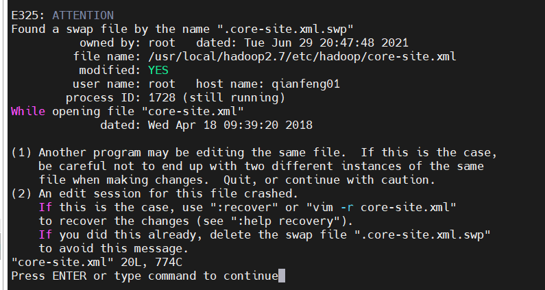 Linux重进vi编辑器的异常退出文件，先出现Found a swap file by the name “.core-site.xml.swp“等，_found a swap file by ...