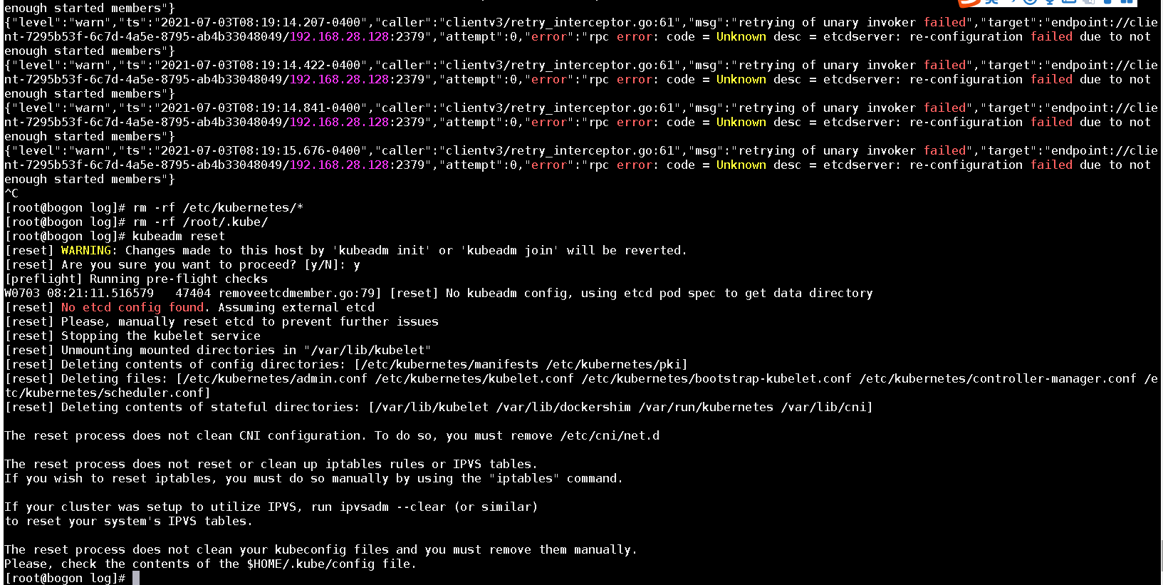 执行kubeadm reset时报：etcdserver: re-configuration failed due to not enough started members-CSDN博客