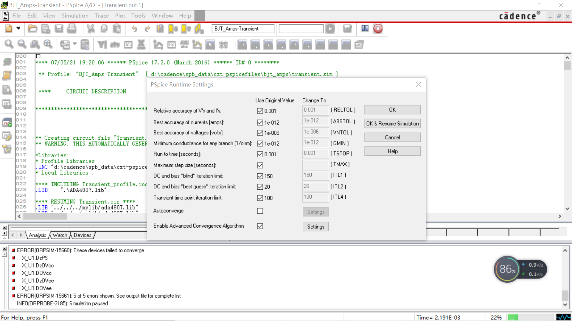 PSpice不收敛问题的解决方法（报错：Convergence problem in transient bias point calculation）_pspice仿真不收敛-CSDN博客