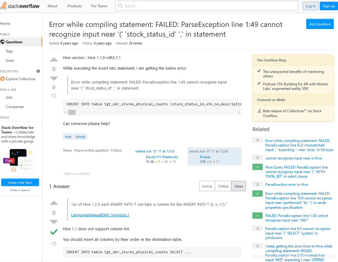 Hive org apache hadoop hive ql parse ParseException line 1 85 hive-org-apache-hadoop-hive-ql-parse-parseexception-line-1-85