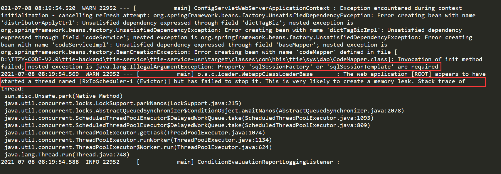 The web application [ROOT] appears to have started a thread named [RxIoScheduler-1 (Evictor ...
