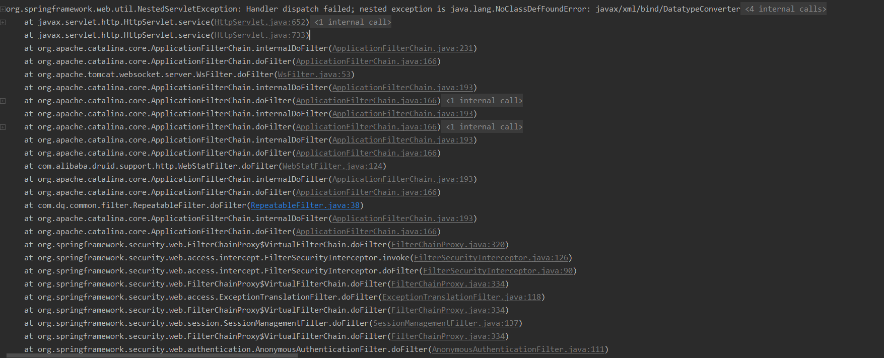 Handler dispatch failed； nested exception is java.lang.NoClassDefFoundError: javax/xml/bind ...