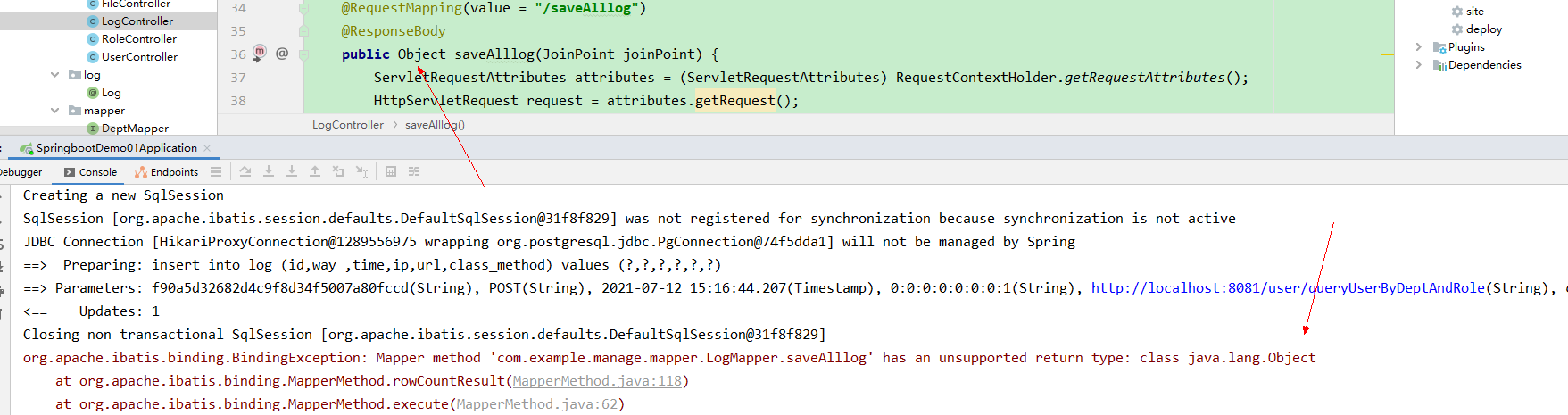 org.apache.ibatis.binding.BindingException: Mapper method ‘com.example.manage.mapper.LogMapper ...