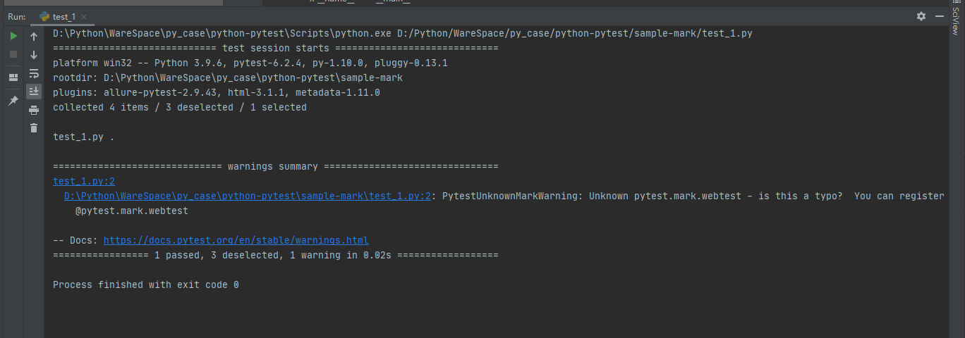 解决：PytestUnknownMarkWarning: Unknown pytest.mark.webtest - is this a ...