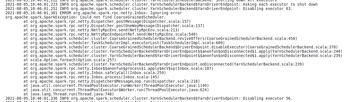 Spark ERROR netty.Inbox: Ignoring error org.apache.spark.SparkException: Couldnot find ...