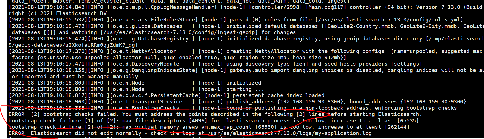 bootstrap check failure [2] of [2]: max virtual memory areas vm.max_map_count [65530] is too low ...