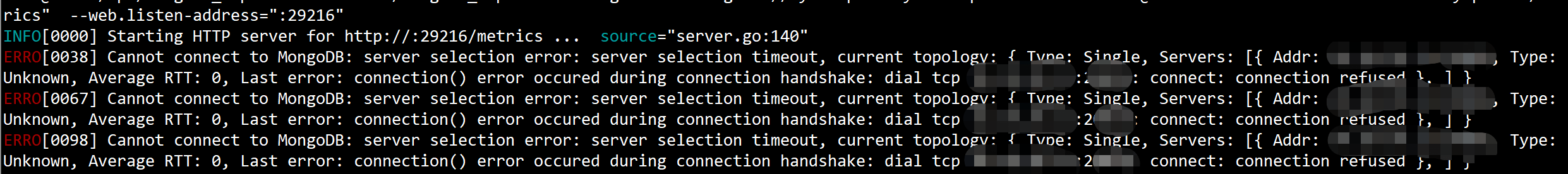 解决ERRO[0057] Cannot connect to MongoDB: server selection error: server ...