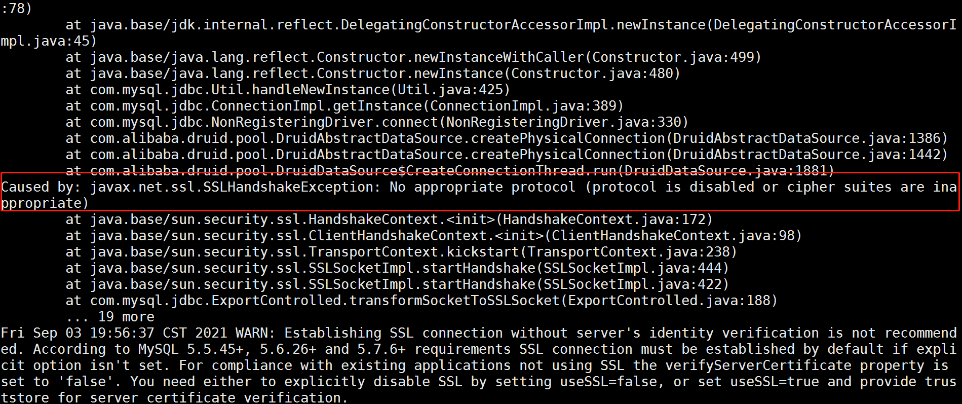 连接数据库报错：Caused by: javax.net.ssl.SSLHandshakeException: No appropriate protocol(protocol is ...