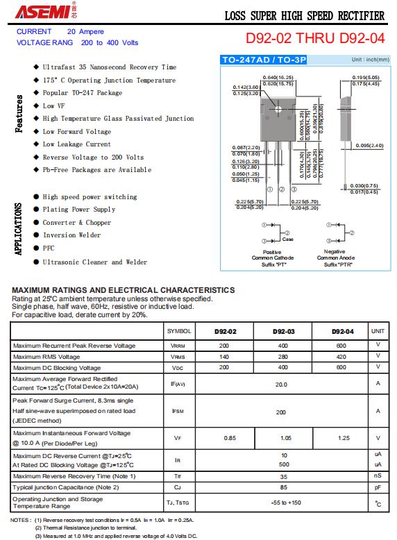 D92-02-ASEMI低压降快恢复二极管TO247封装