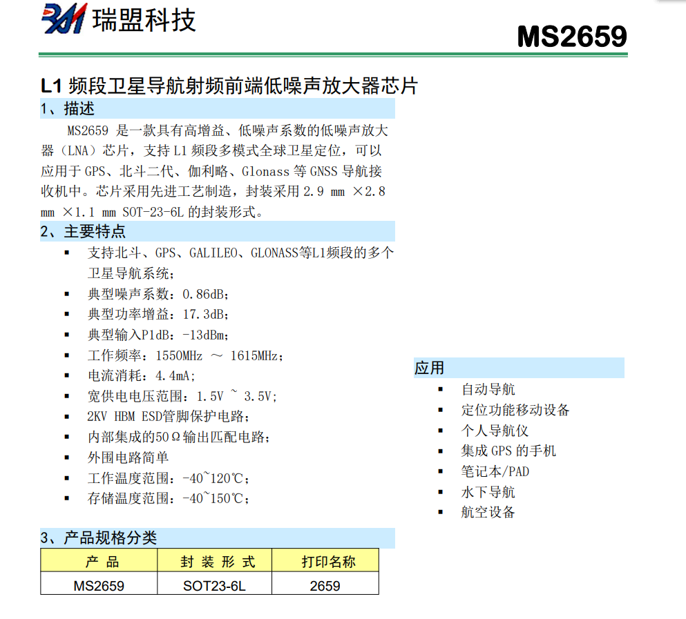 L1频段卫星导航射频前端低噪声放大器芯片MS2659完美替代MAX2659_xin pian菜鸟的博客-CSDN博客