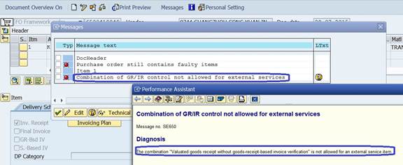 SAP Error -Combination of GR/IR control not allowed for external ...