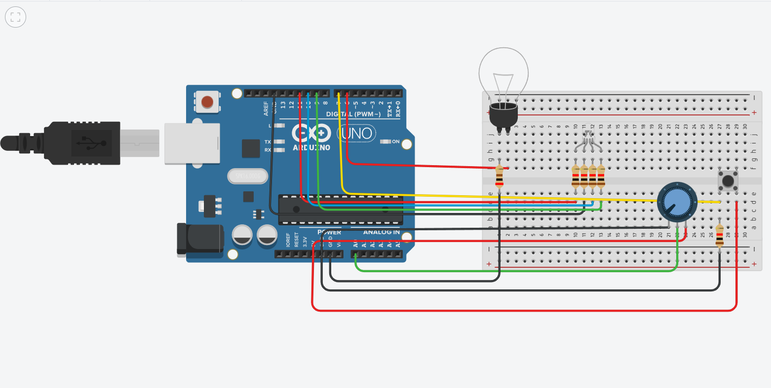 Arduino入门：使用按键开关控制主电路的通断，当主电路接通时，有一个呼吸灯开始工作，同时RGB灯开始工作；RGB灯的颜色受电位计控制，最少 ...