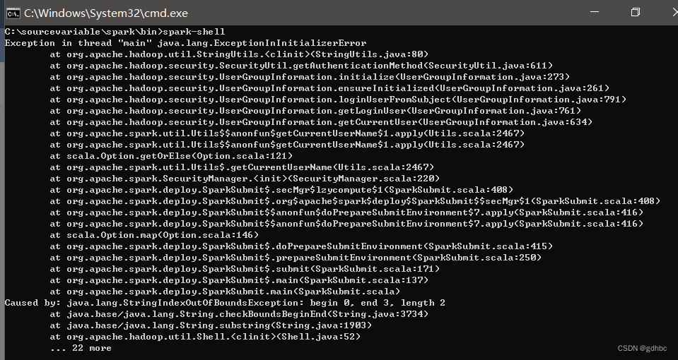 【spark Shell本地启动报java错误】本地windows安装spark在控制台输入spark Shell出错:stringindexoutof Bounds Exception执行 2939
