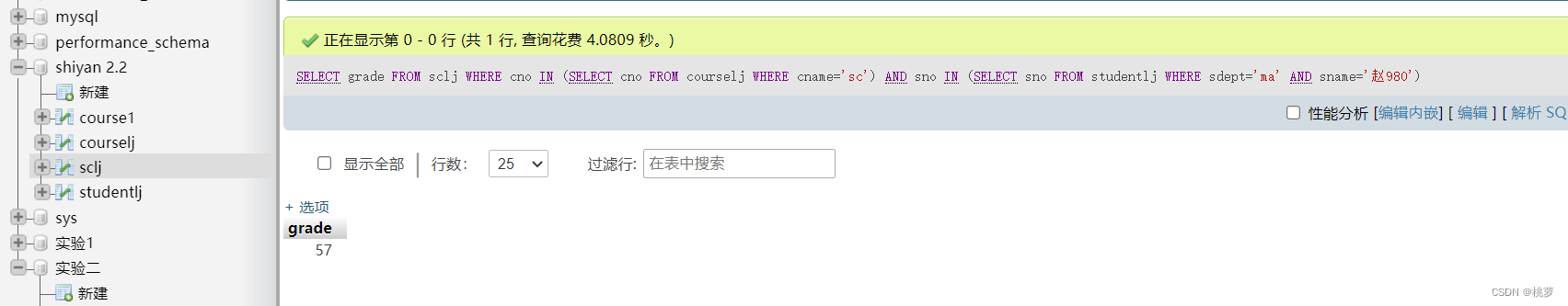 数据库实验七——嵌套查询 Sql语句6、查询显示“2009010001”同学不学课程的课程号 课程名。 嵌套查询 Csdn博客