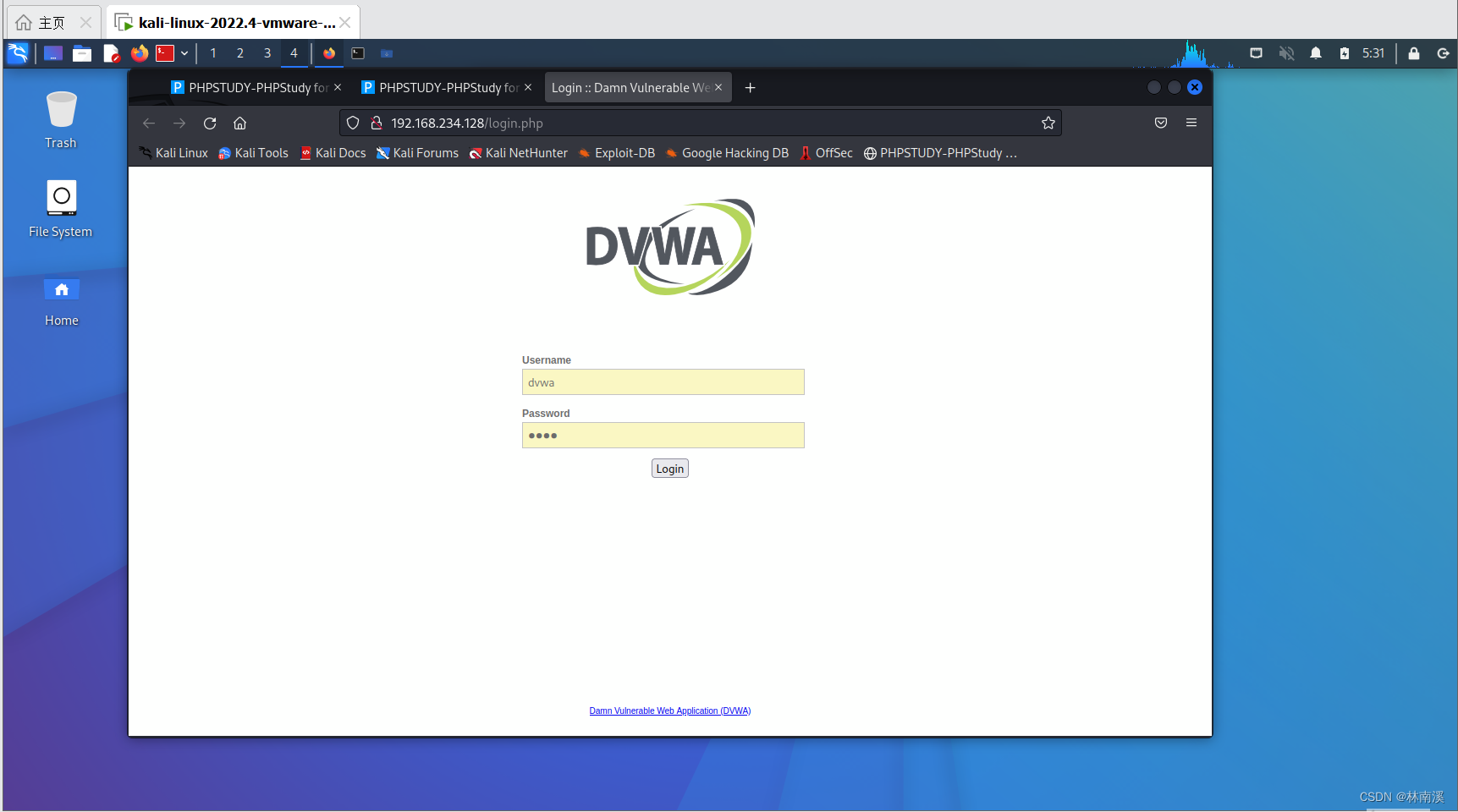 Web渗透实训——kali环境搭建＋phpstudy+dvwa_kali搭建web环境-CSDN博客