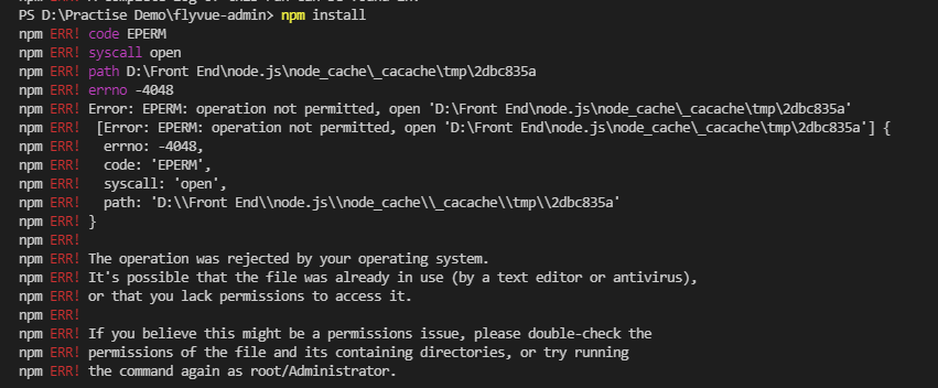 Error: EPERM:operation not permitted, open ‘D\node.js\node_cache\_cacache\tmp\2dbc835a‘-CSDN博客