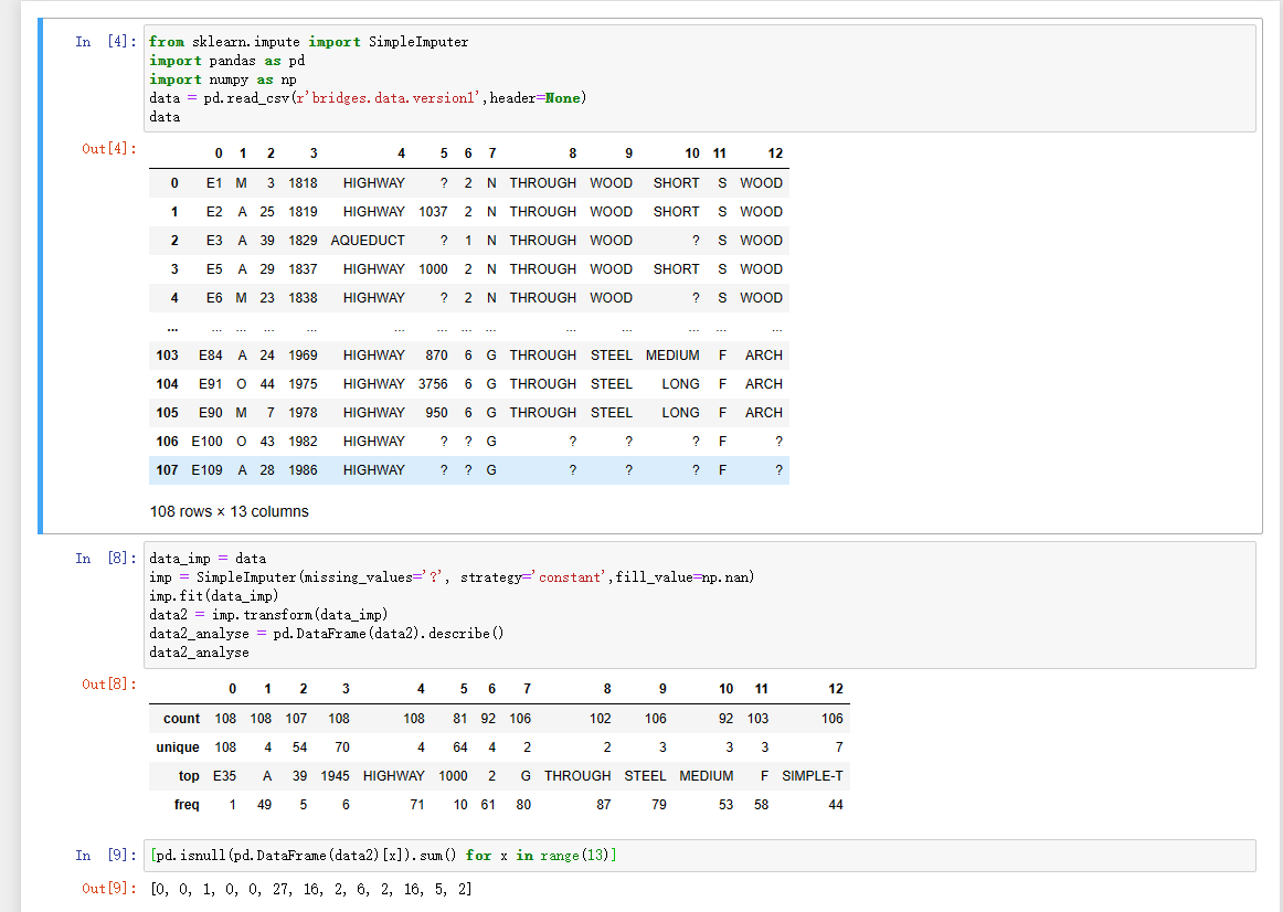 Python数据预处理：2.处理缺失值 下载 UCI 数据集中的“匹兹堡的桥” （https://archive.ics.uci.edu/ml/datasets/Pittsburgh ...