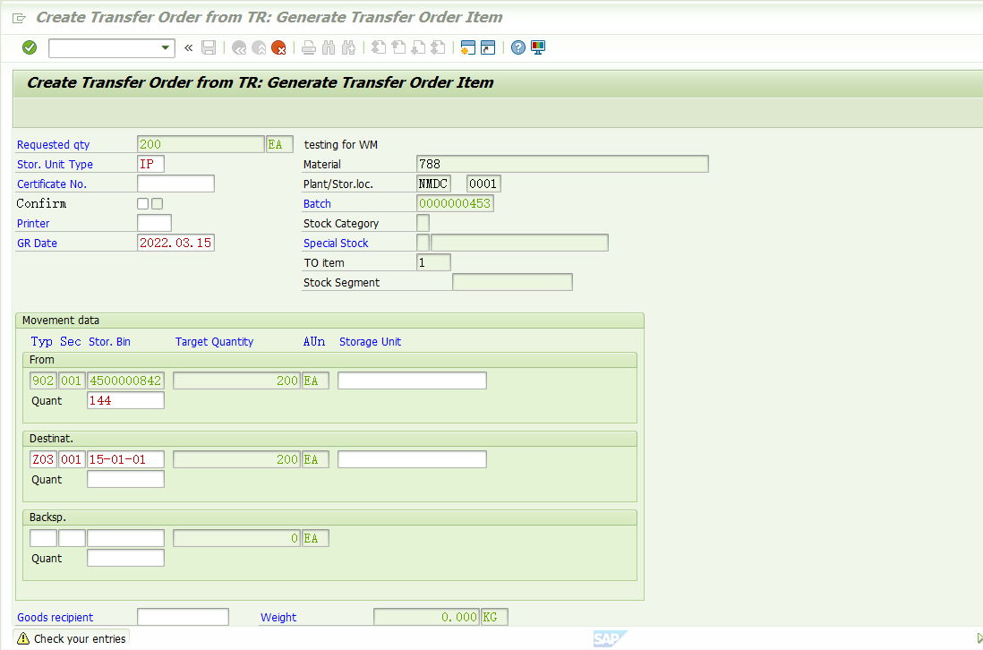 SAP WM 采购订单收货后LT06报错-No bin types have been assigned to storage unit ...