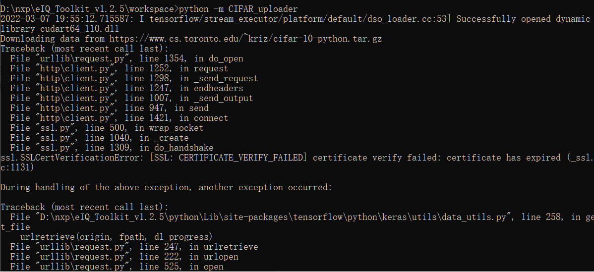 NXP EIQ Unable to use scripts imported data set: SSL.sslcertVerificationError - Programmer Sought