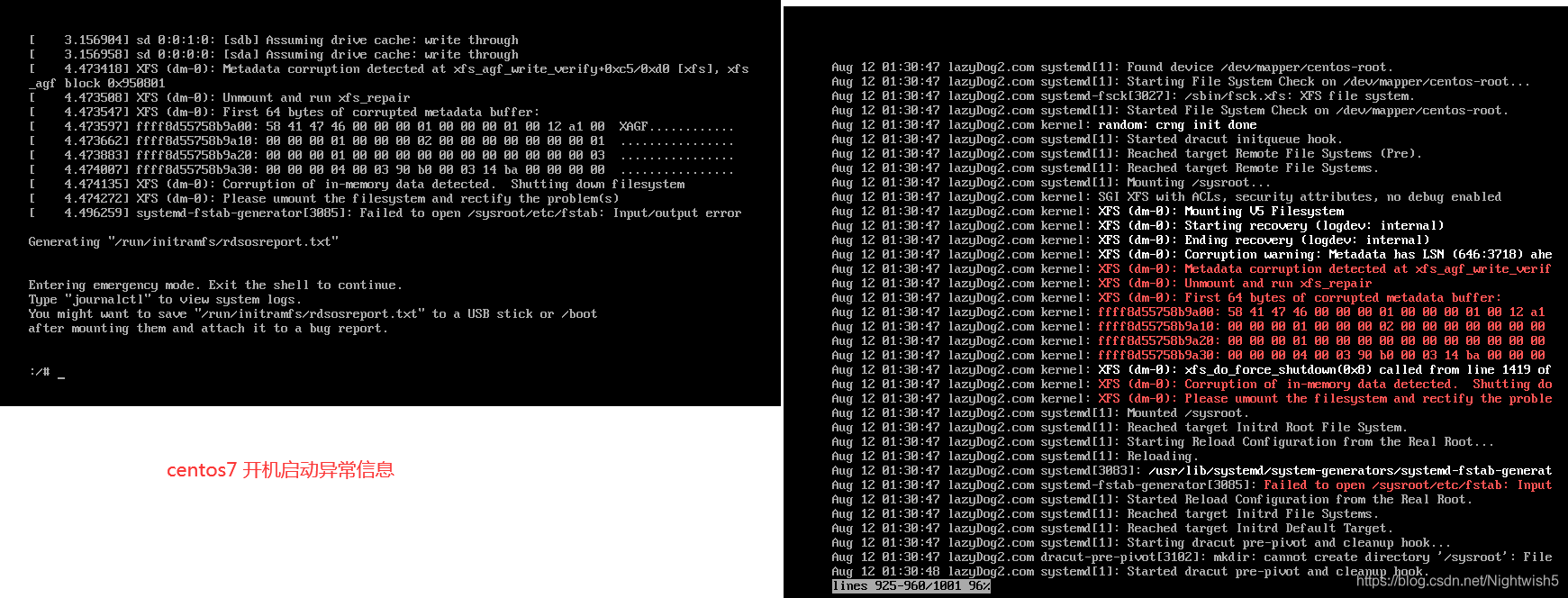 开机异常Failed to open /sysroot/etc/fstab:Input 和 mysql无法启动 Ignoring the redo log due to missing ...
