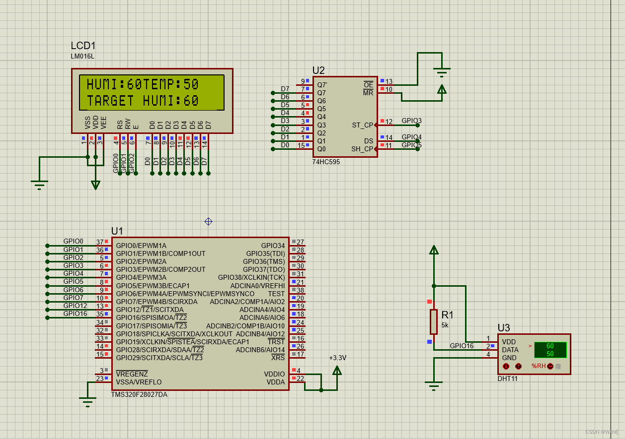 Proteus 实现基于DSP28027的DTH11模块功能测出湿度和温度显示在lcd1602_dsp28027连接lcd显示时间-CSDN博客