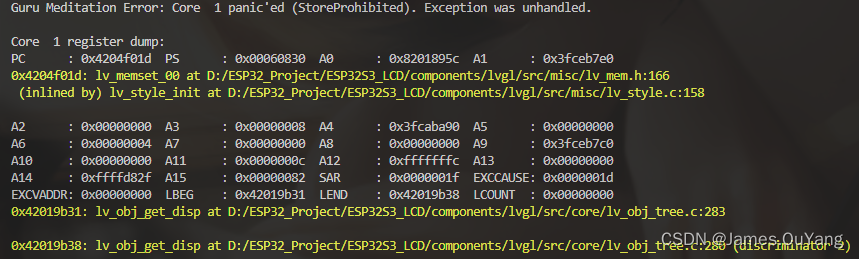 lvgl报错：Guru Meditation Error: Core 1 panic‘ed (StoreProhibited). Exception was unhandled._guru ...
