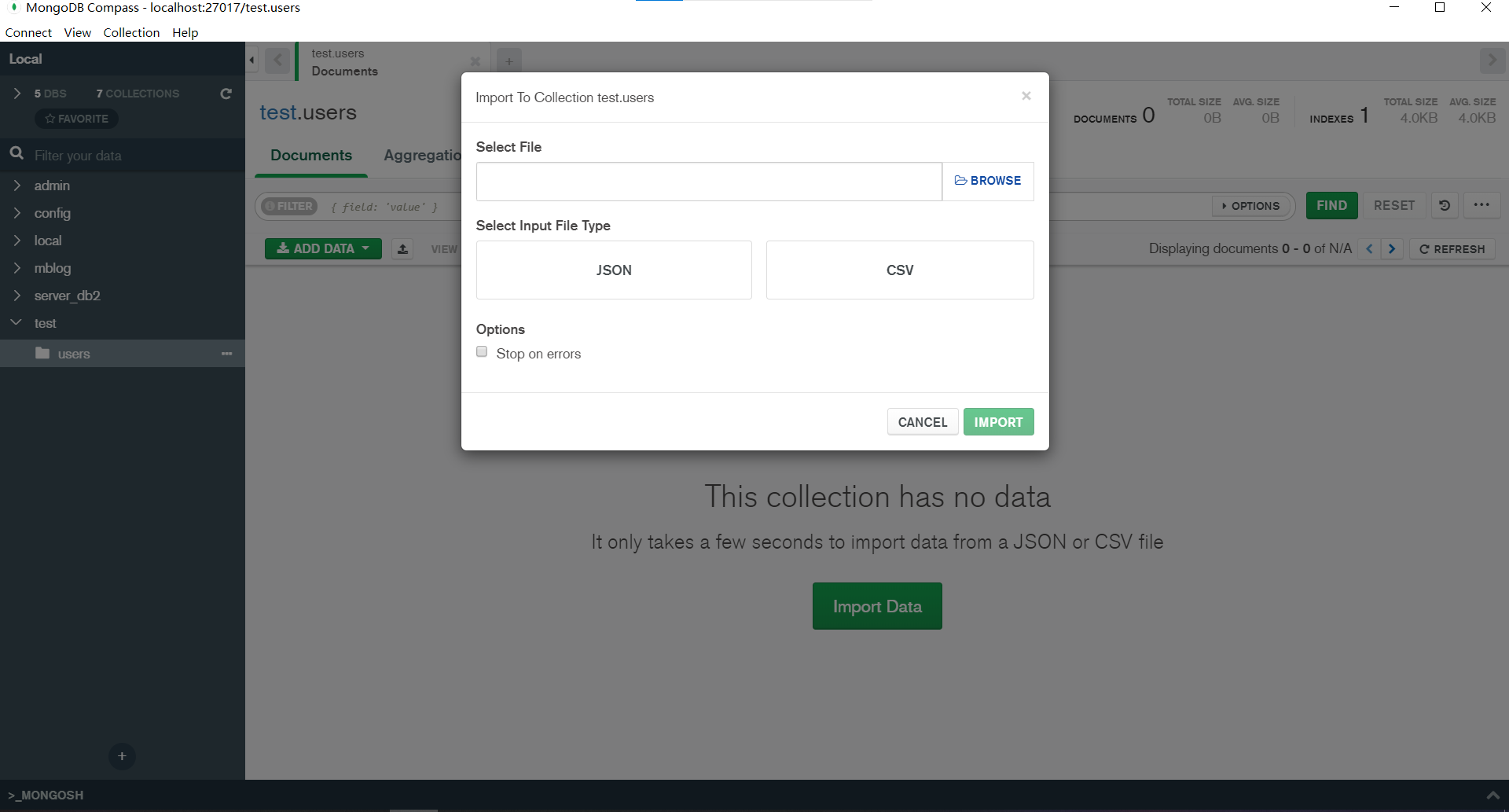 使用MongoDB Compass将JSON数据文件导入MongDB_mongocompass导入json-CSDN博客