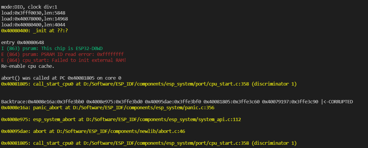 【esp-idf问题记录】I (863) psram: This chip is ESP32-D0WD E (864) psram: PSRAM ID read error ...