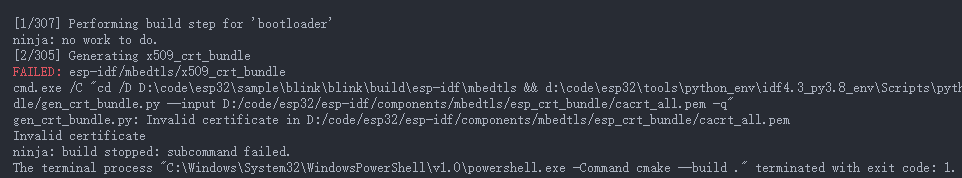 ESP32 sample code 编译报错： FAILED: esp-idf/mbedtls/x509_crt_bundle_sdk configuration editor ...