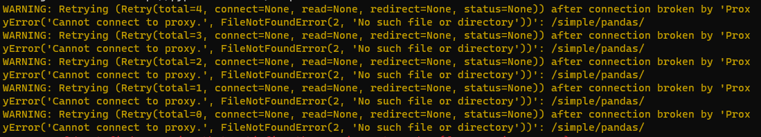 WARNING: Retrying (Retry(total=4, connect=None, read=None, redirect=None, status=None)) after ...
