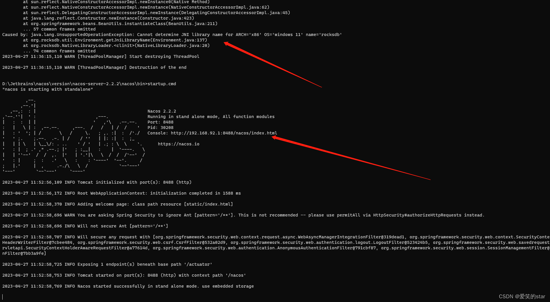 关于Nacos2.x安装后报 Cannot determine JNI library name for ARCH=‘x86‘ OS=‘windows 11‘ name=‘rocksdb ...