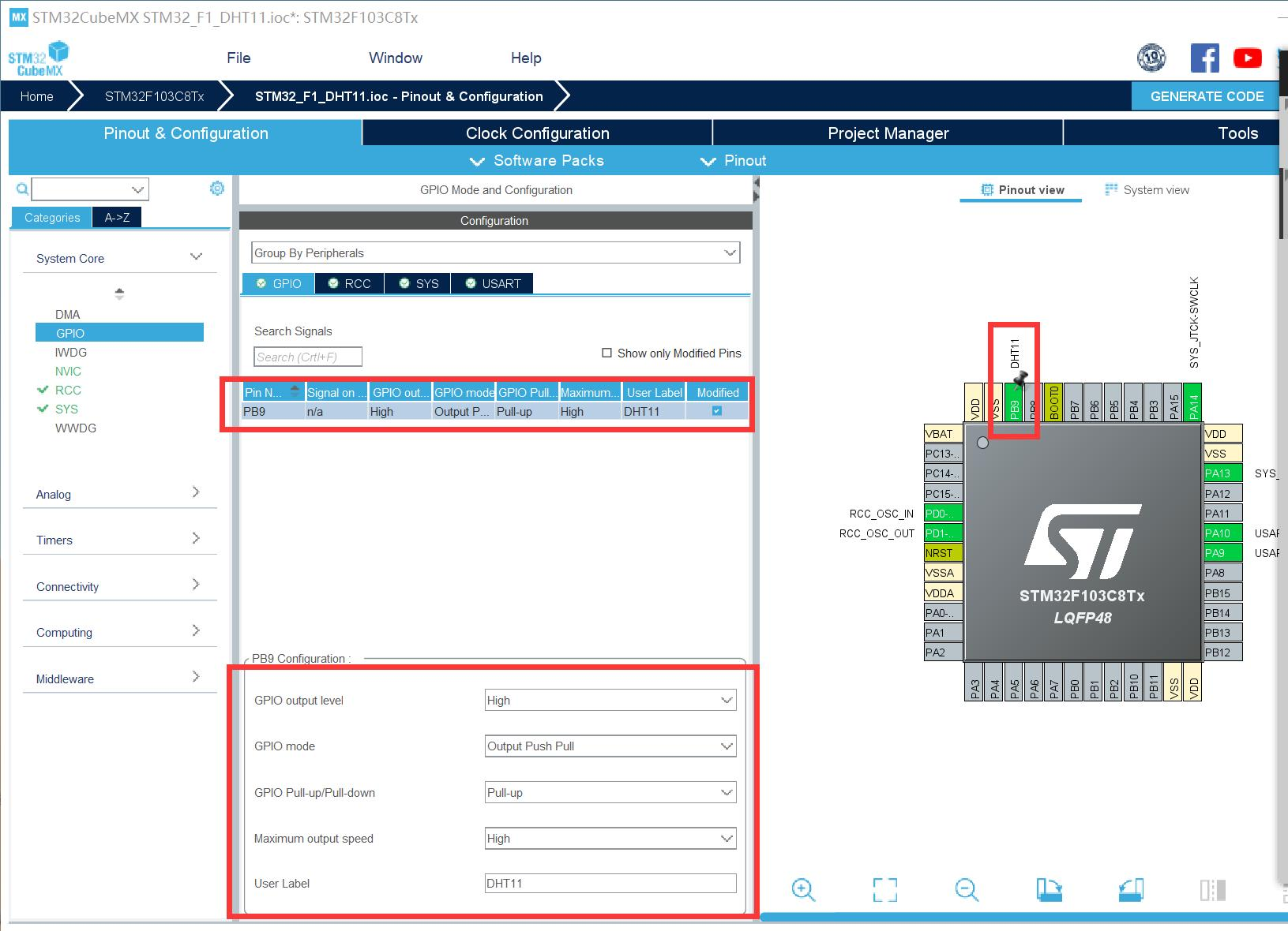 STM32系列(HAL库)——F103C8T6获取DHT11温湿度串口打印_温湿度传感器要接在stm32f103c8t6哪里-CSDN博客