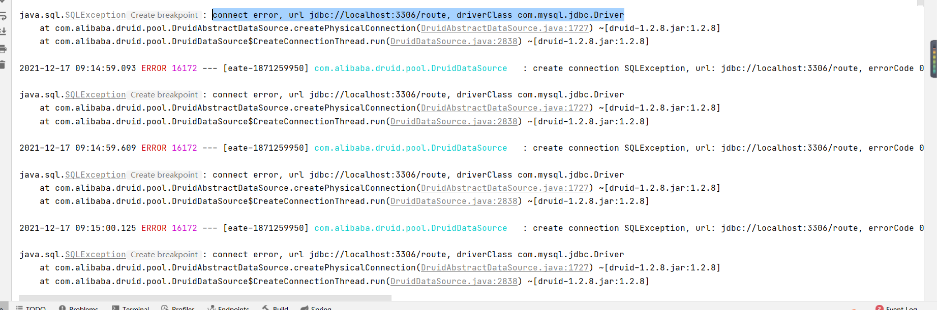 connect error, url jdbc://localhost:3306/route, driverClass com.mysql.jdbc.Driver_connect error ...