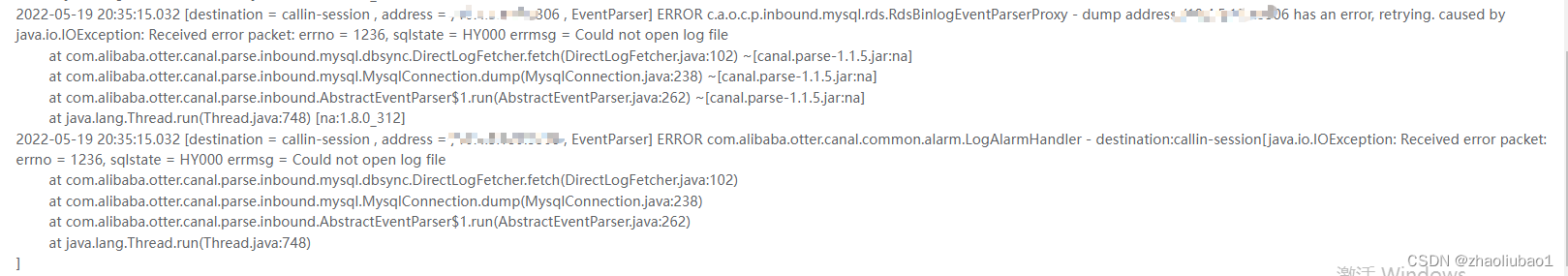 Canal报错：java.io.IOException: Received error packet: errno = 1236, sqlstate = HY000 errmsg ...