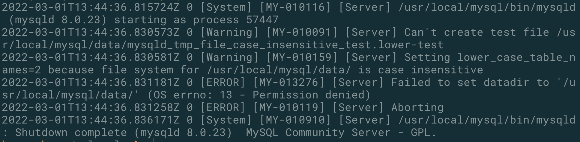 [MY-013276] [Server] Failed to set datadir to ‘/usr/local/mysql/data/‘ (OS errno: 13 ...