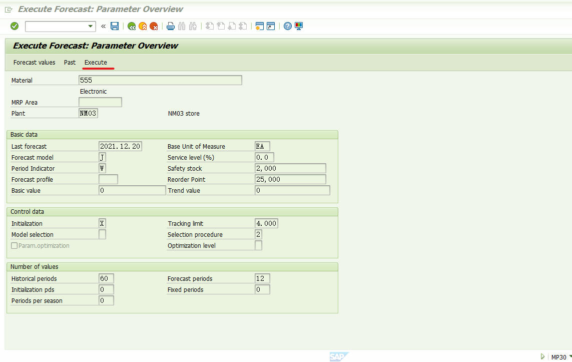 SAP RETAIL MP30为物料Execute Forecast，报错- Status Forecast not defined ...