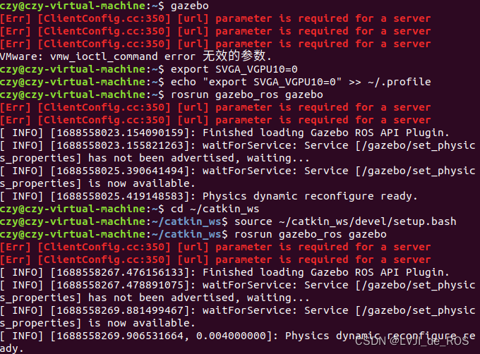 在Ubuntu18.04中，运行gazebo时出现错误[Err] [ClientConfig.cc:350] [url] parameter is required for a serve两次 ...