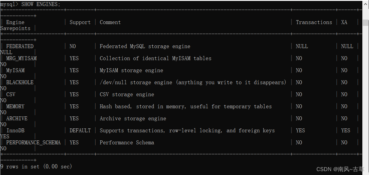 MYSQL中查看当前服务器有哪些引擎可用，（SHOW ENGINES）,\g(加上分隔符打印)，\G(按列打印，一个字段打印到具体某一行 ...